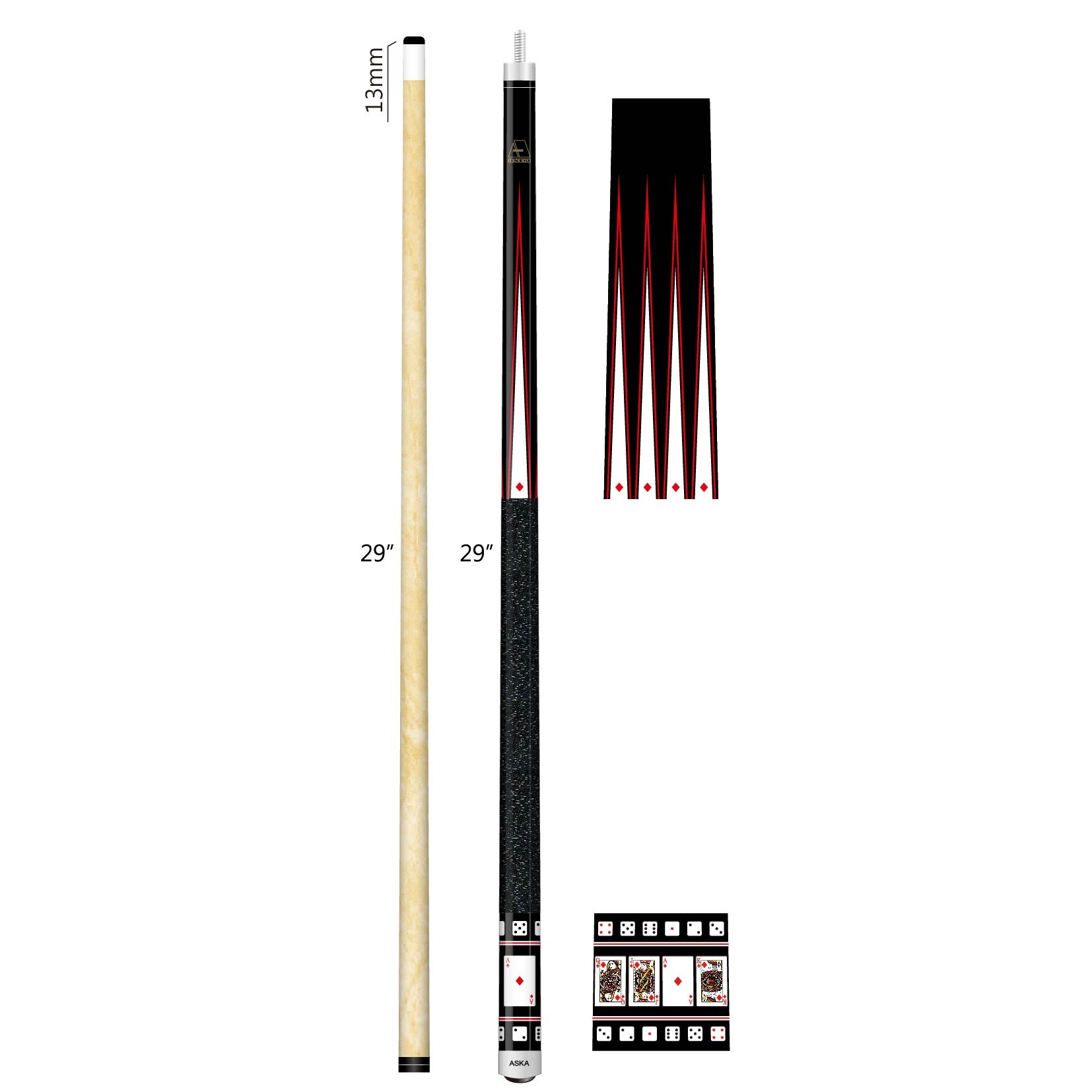 ASKA Poker DIAMONDS Cards and Dice Billiard Pool Cue, 58" Hard Rock Ca ...
