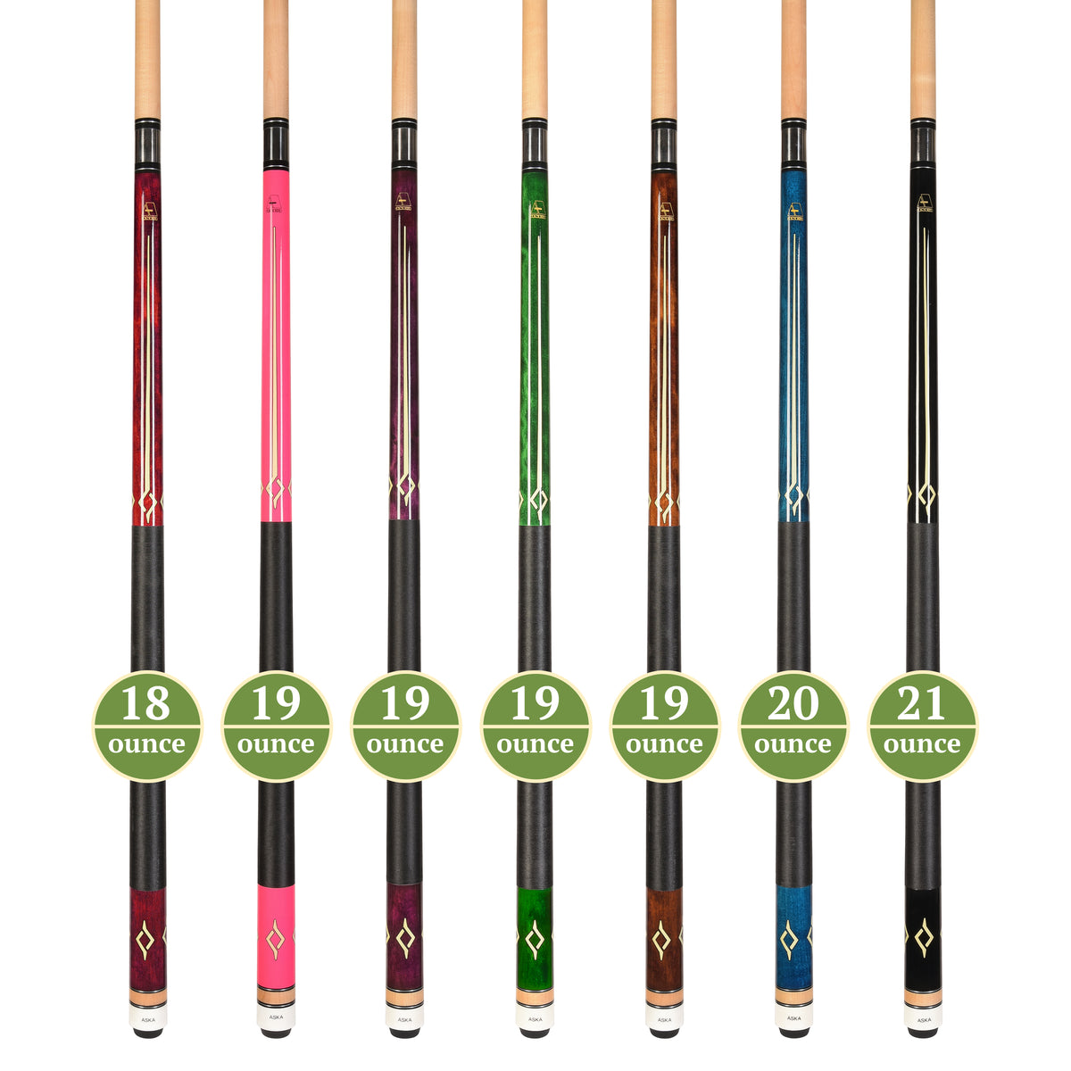 ASKA Set of 7 L7 Pool Cue Sticks 58", 2-Piece Construction, 5/16x18 Jo ...